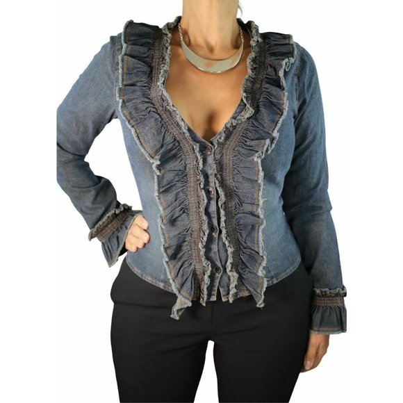 Moschino | Tops | Moschino Denim Ruffle Long Sleeve Top | Poshmark